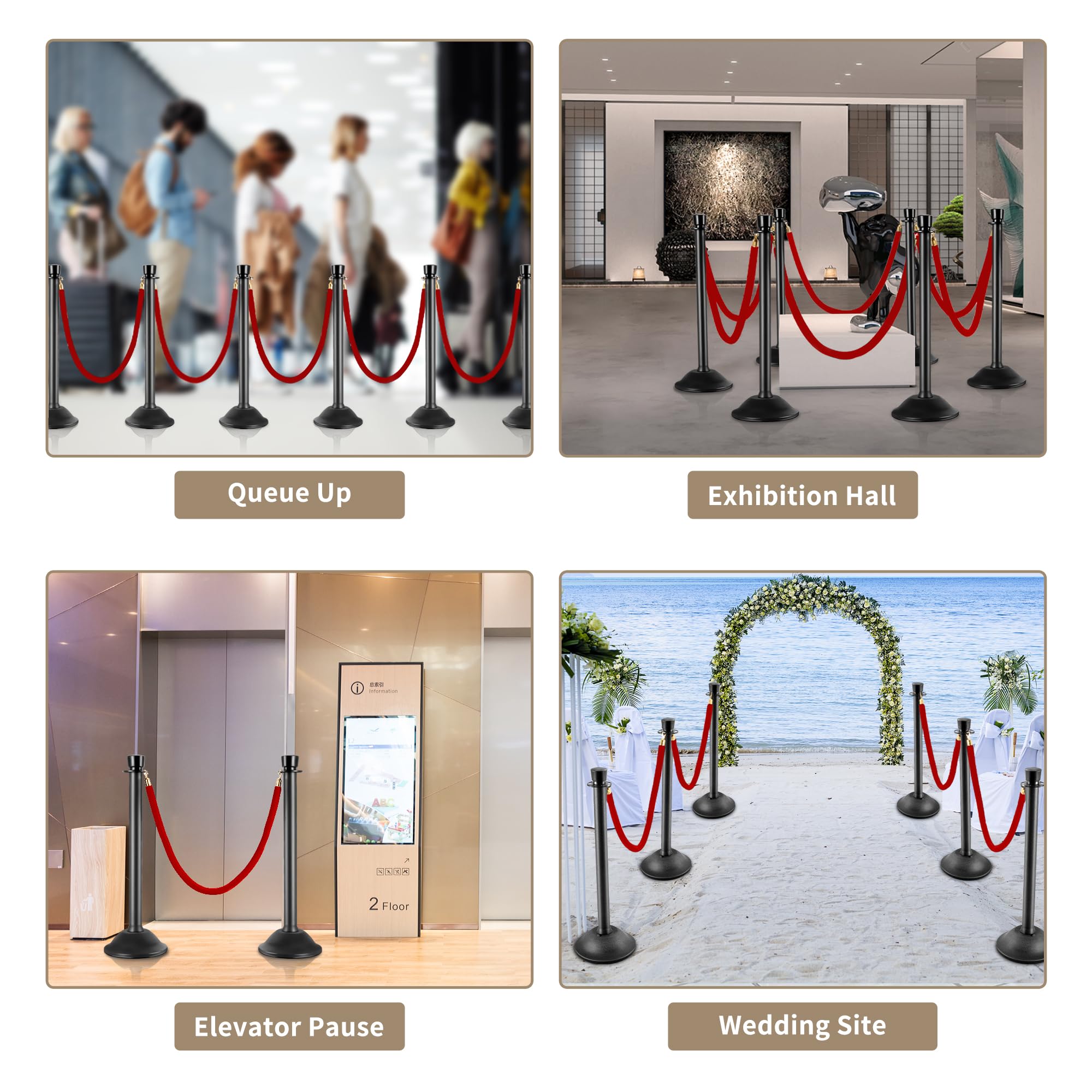 HABUTWAY Stanchion Posts with Velvet Ropes, Set of 6 Pieces Stanchion Queue Rope Barriers, Crowd Control Stanchion, Sand/Stone Injection Hollow Base Red Carpet Ropes and Poles, Easy Connect Assembly