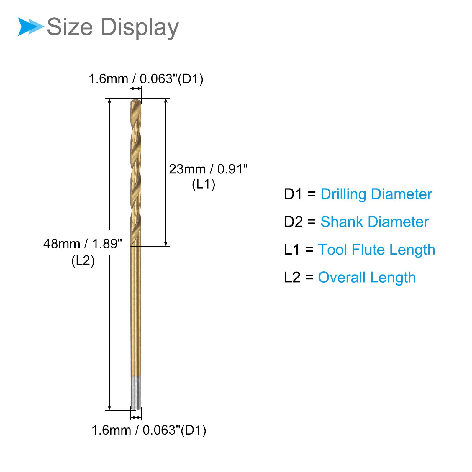 CoCud Twist Drill Bits, 1.6mm Drilling Diameter, Titanium Coated High Speed Steel 6542 Straight Round Shank - (Applications: for Stainless Steel Alloy Metal), 12-Pieces