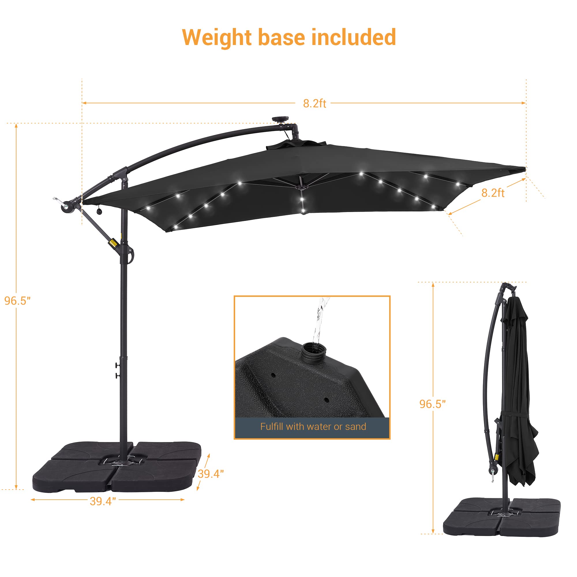 Bonosuki 8.2 x 8.2′ LED Patio Offset Umbrella With a Base, Outdoor Hanging Umbrella for Yard, Poolside and Deck,Black