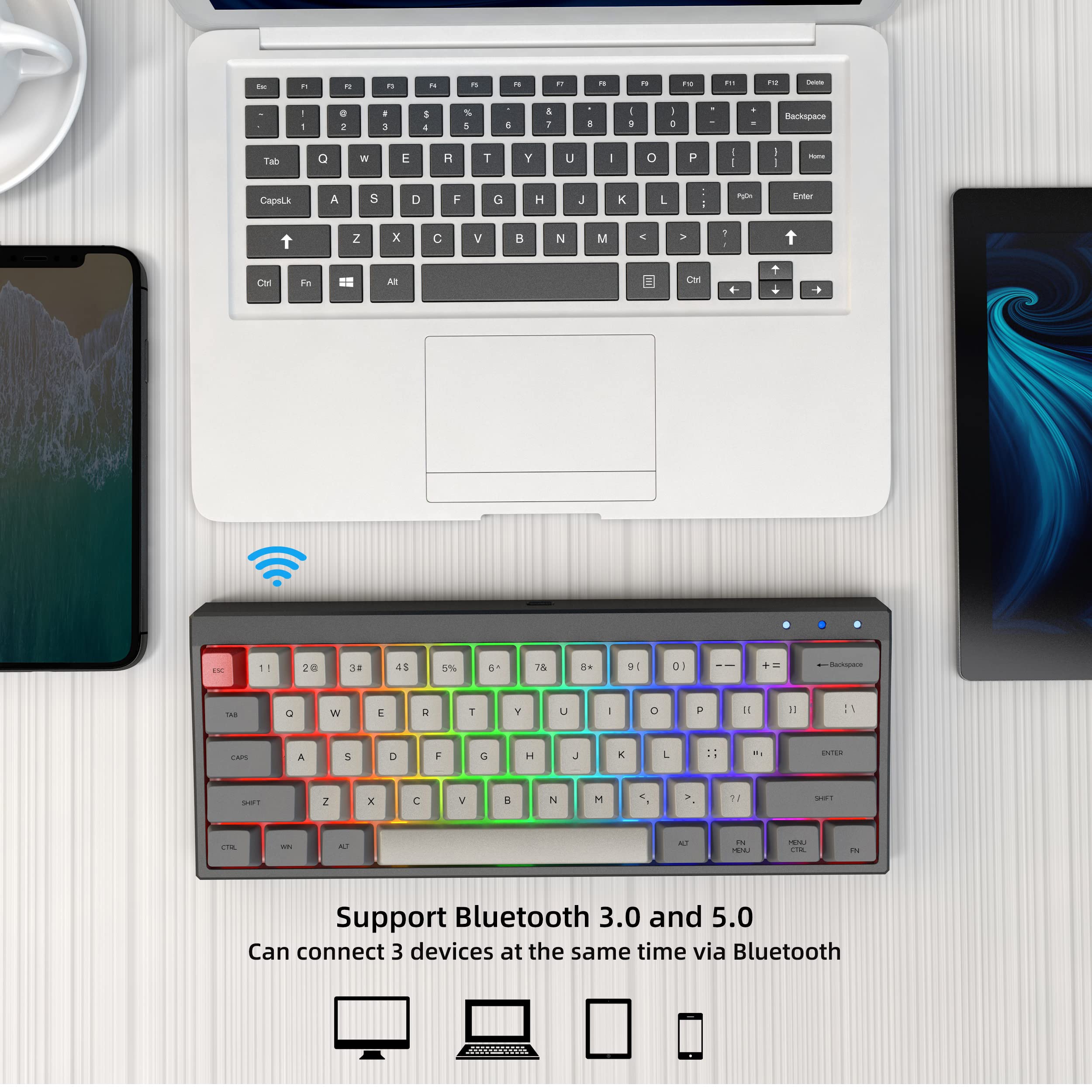 Ractous RTK61BP 60% Wireless Mechanical Gaming Keyboard,RGB Blacklit PBT Sublimation Keycaps 61keys Bluetooth5.1/Wried Gaming Keyboard for PC/Mac Gamers,Hot-Swap Gateron Optical Bule Switch-Black