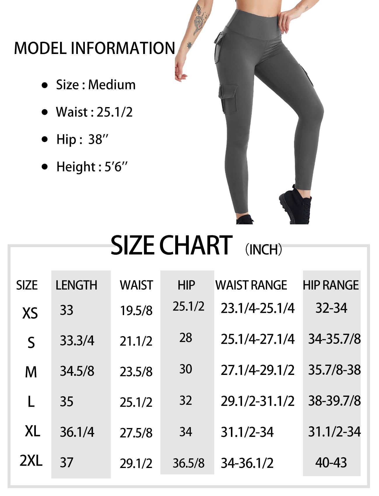 COMFY ONE Black Leggings with Pockets Tummy Control Back Pockets Yoga Workout Pants Gym Tights Leggings for Women SKU42cargoblackXL