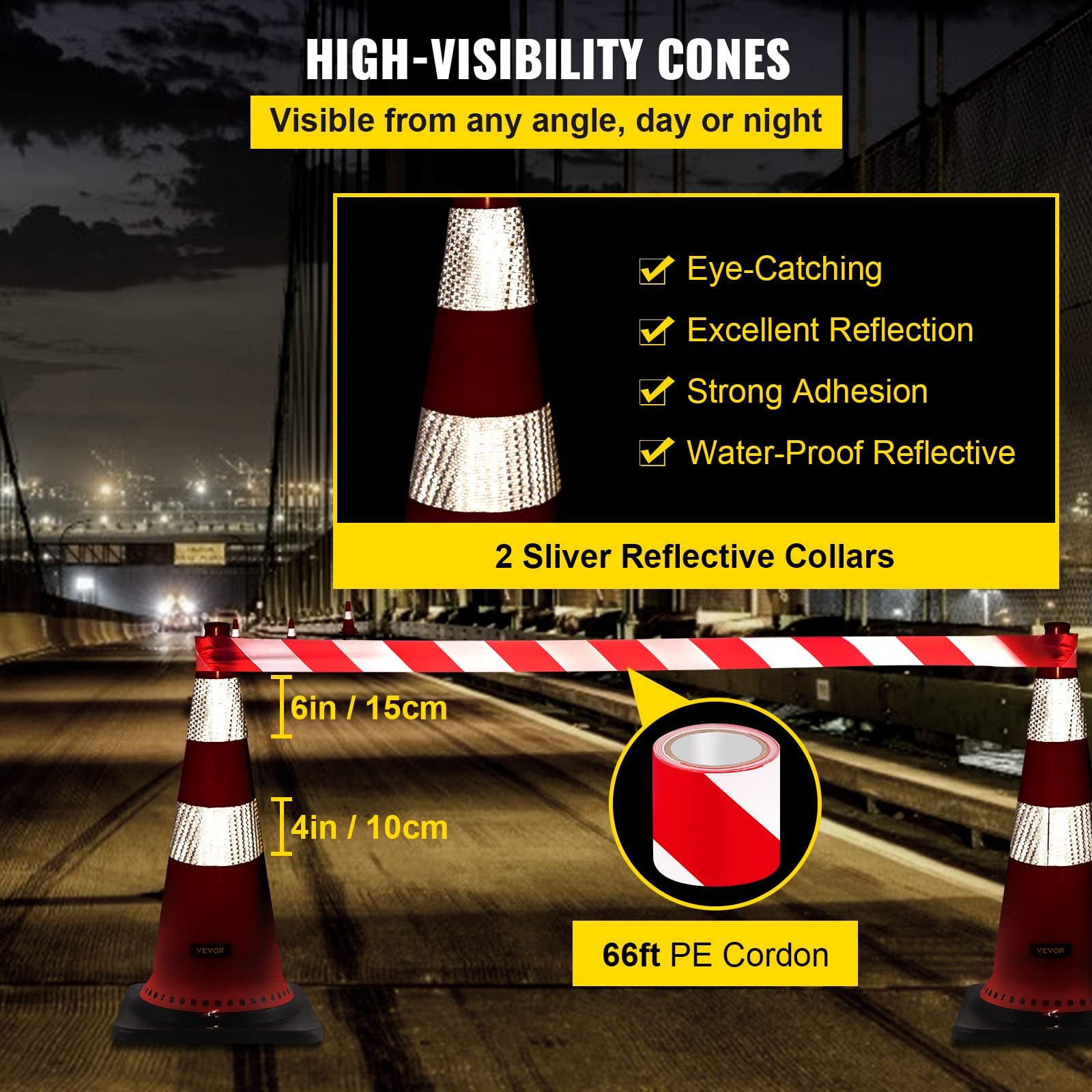 VEVOR Safety Cones, 8 x 30" Traffic Cones, PVC Orange Construction Cones, Reflective Collars Traffic Cones w/Black Weighted Base Used for Traffic Control, Driveway Road Parking and School Improvement