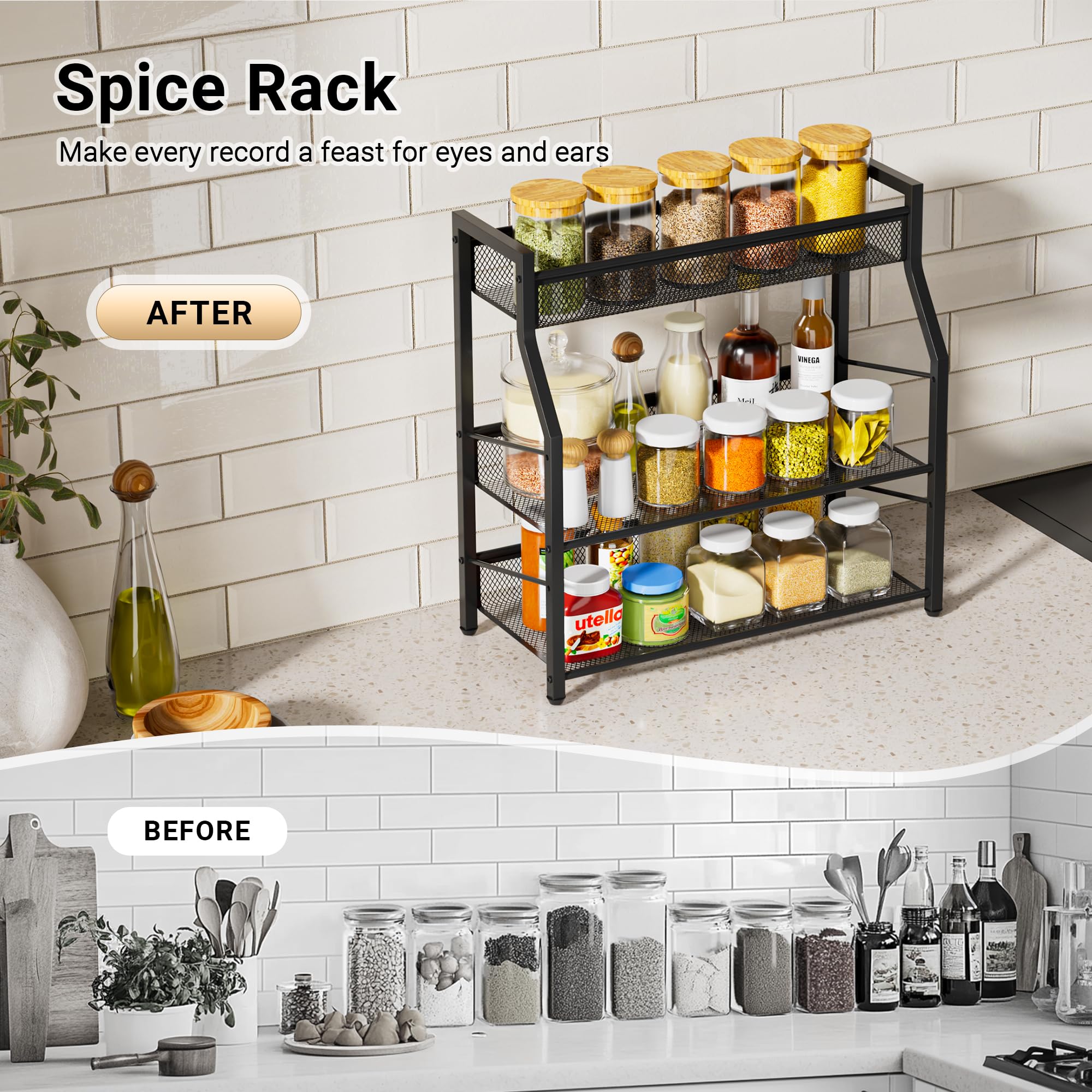 Dunatou 3 Tier Spice Rack, Kitchen Storage Organizer Shelf for Countertop, Metal Seasoning Storage Shelf with Guardrail and Mesh Design for Kitchen, Countertop, Dining Room, Black