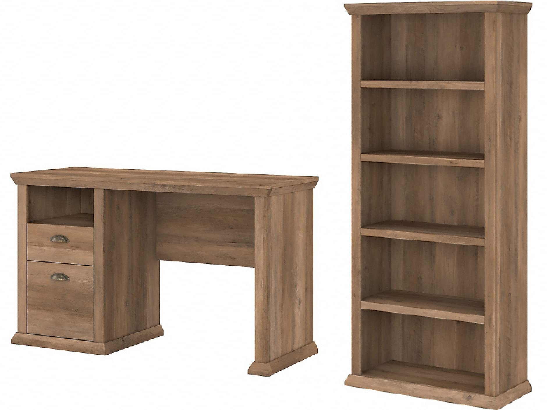 Bush Furniture Yorktown Home Office Desk with 5 Shelf Bookcase, 50W, Reclaimed Pine