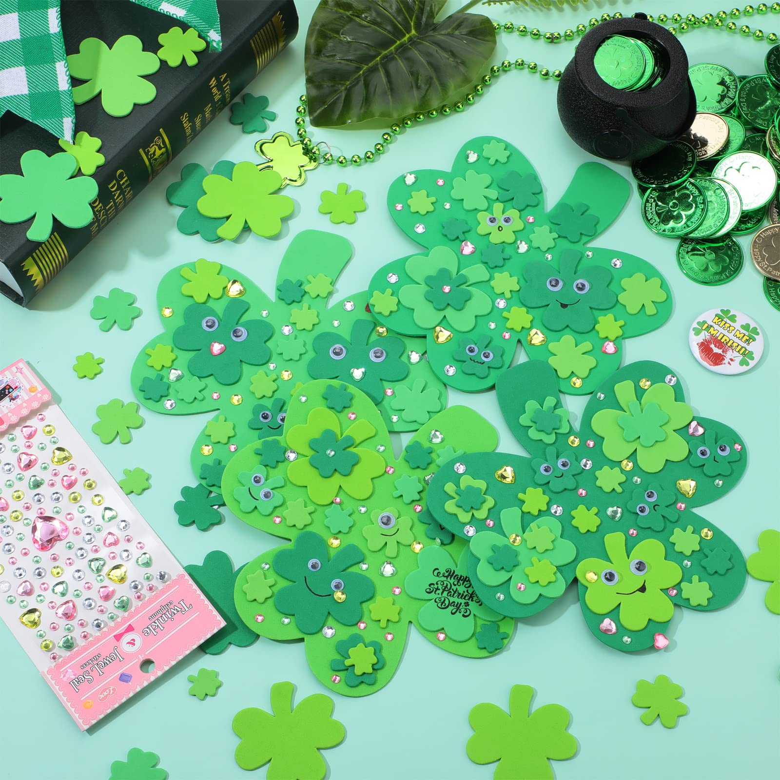 Tenare 662 Pcs St. Patrick's Day Foam Craft Kit for Kids Includes Lucky Irish Four Leaf Foam Sticker Shamrock Gem Sticker Self Adhesive Googly Eye Sticker for St. Patrick's Day Decor Party Favor Craft