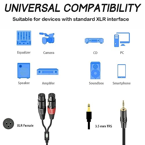 JOMLEY Dual XLR Female to 3.5mm Y-Splitter Cable, Unbalanced XLR Female to 1/8 Inch Mini Jack TRS Stereo Aux Interconnect Audio Mic Breakout Patch Cord - 2 Meter