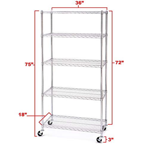 Seville Classics UltraDurable Heavy Duty NSF Solid Steel Wire Rack Storage Unit, Organizer for Garage, Warehouse, Office, Restaurant, Classroom, Kitchen, Steel, 5-Tier Shelving, 36" W x 18" D