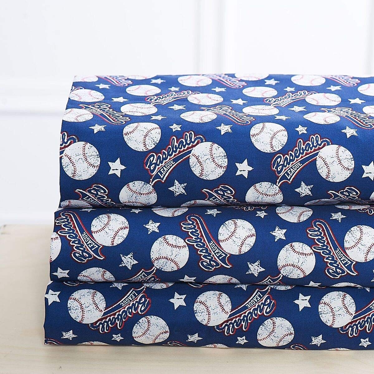 Elegant Homes Blue White Red Baseball League Sports Design 4 Piece Printed Sheet Set with Pillowcases Flat Fitted Sheet for Boys/Kids/Teens # Baseball (Full)