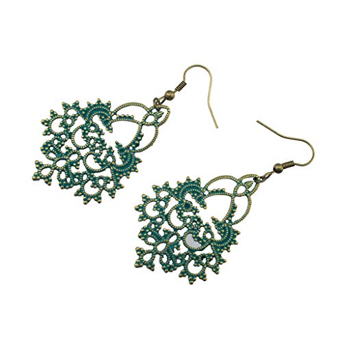 LQJstore Dangle Earrings Ethnic Retro Water Drop Hollow Earrings Green Pine Carved Boho Earring (C)