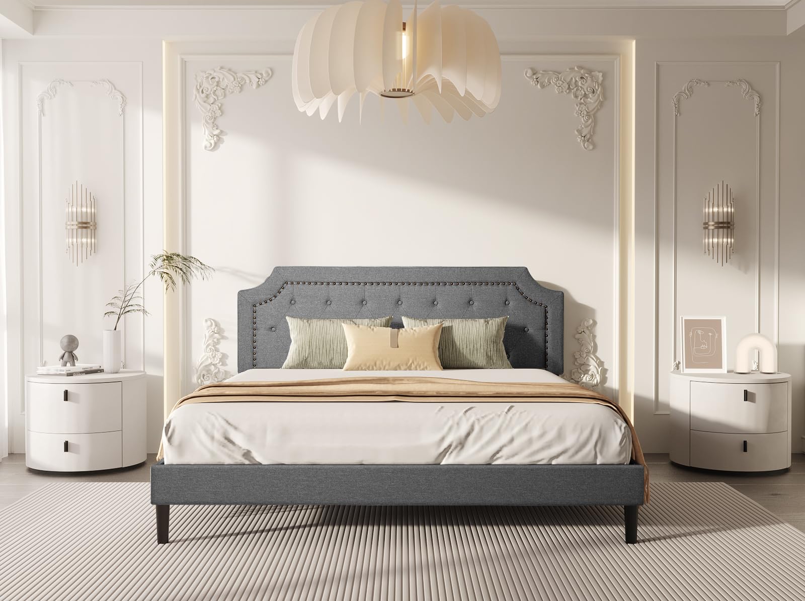 BONSOIR Full Size Bed Frame Upholstered Low Profile Traditional Platform with Tufted and Nail Headboard Linen Fabric Upholstery/Color of Sand (Sand, Full Size)