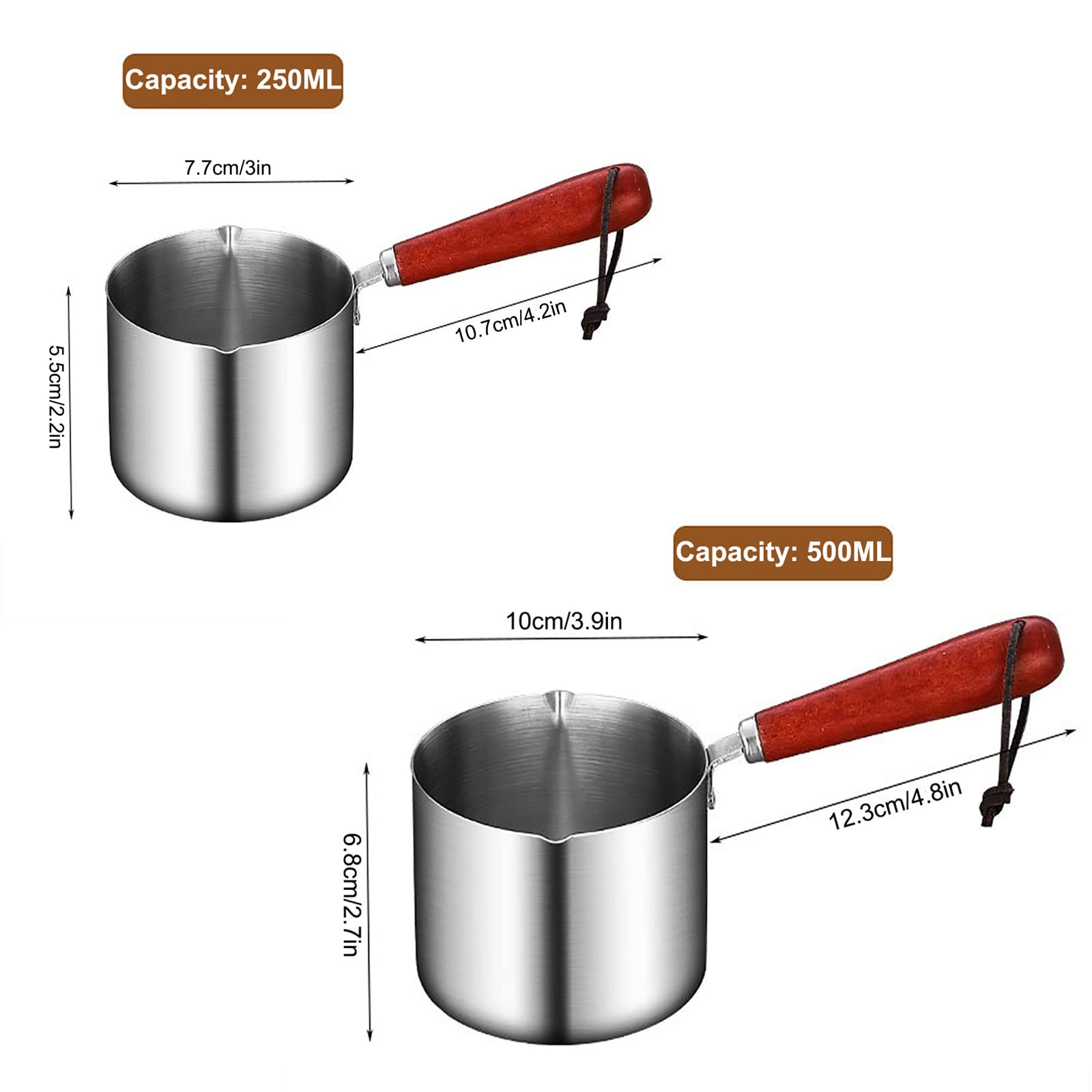 Butter warmer, Stainless Steel Turkish Coffee Pot, Milk Warmer, Chocolate Melting Pot, Small Saucepan with Heat Resistand Wooden Handle and Dual Pour Spout(8.45OZ/ 250ML)