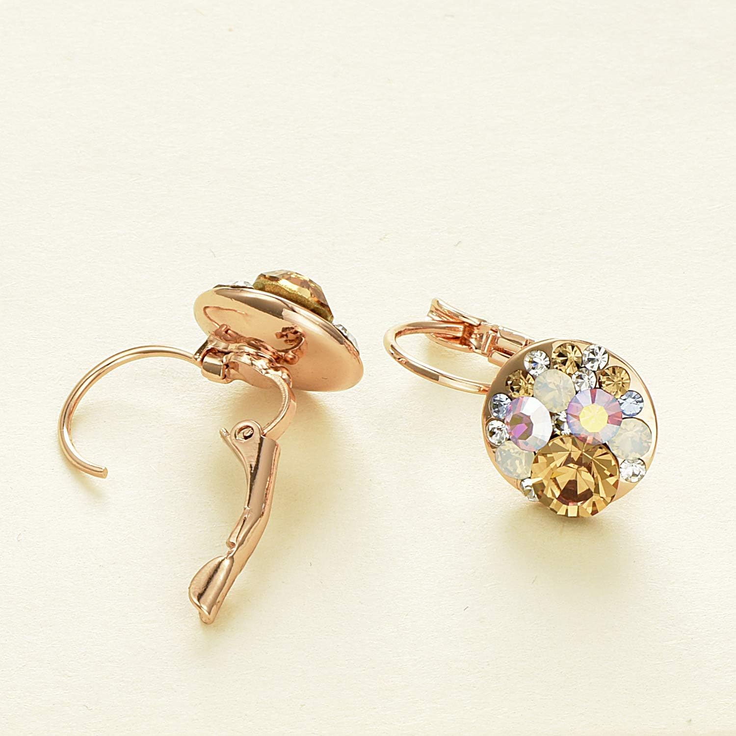 Multicolored Austrian Crystal Drop Earrings for Women 14K Gold Plated Hypoallergenic Leverback Dangle Earrings (Yellow Main Crystal/Rose Gold-tone)