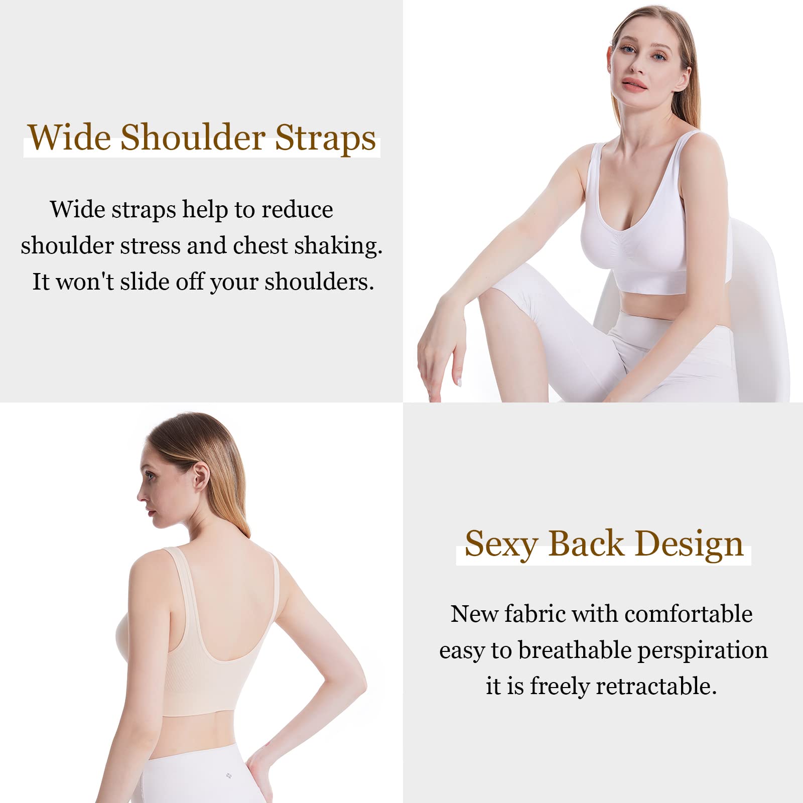 CASOMS Sleep Bras, Comfort Bras for Women, Seamless, Wireless, Yoga Bras with Removable Pads 3 Pack, X-Large