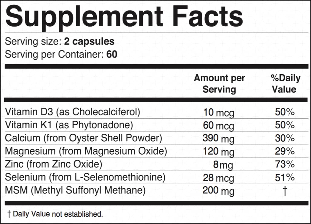 BonStrong Nano Calcium & MSM - Patented Nanotechnology with Vitamin D & K, Magnesium, Zinc, Selenium, and MSM for Bone & Joint Health - 120 Veggie Caps