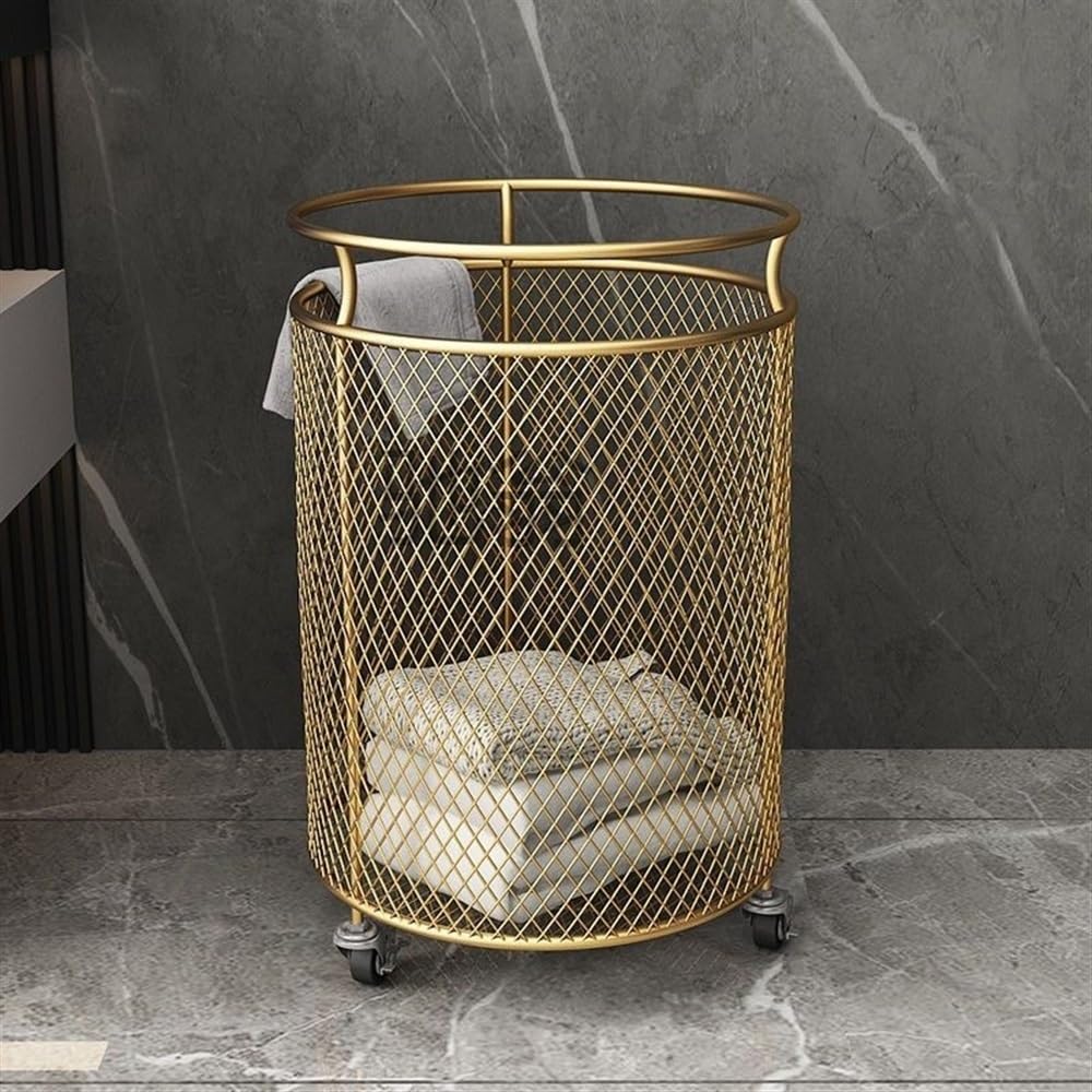 DEWHXSJ Rolling Hamper with Wheels, Metal Laundry Basket, Laundry Rolling Cart for Bathroom Bedroom Storage Dirty Clothes Storage (Color : Gold, Size : Round net)