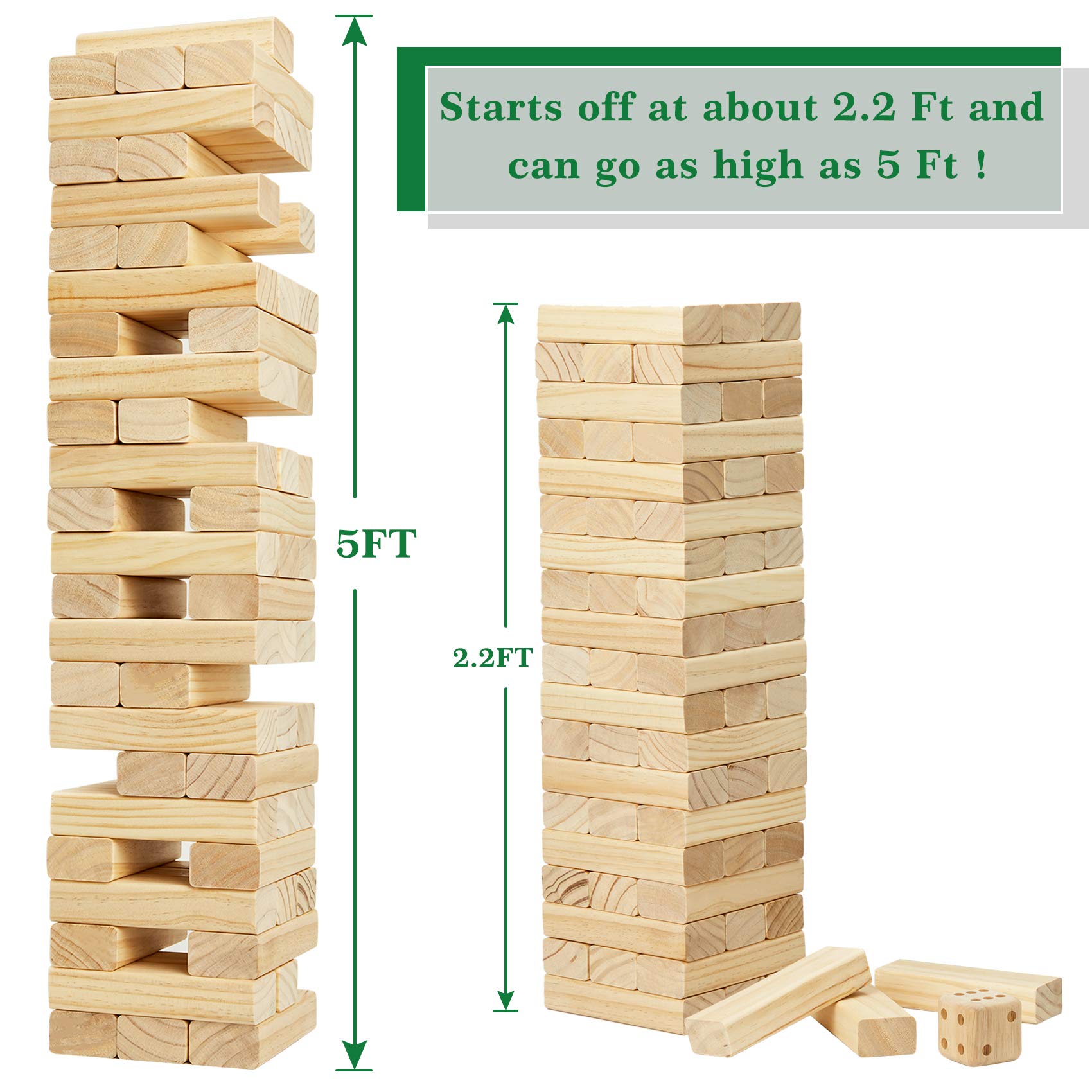 Olsa Giant Tumble Tower 60 PCS Wooden Block Stacking Games with Carrying Bag Classic Indoor & Outdoor Games for Kids Adults Family Backyard Lawn Beach Camping (Stack from 2.2 Ft to 5Ft)