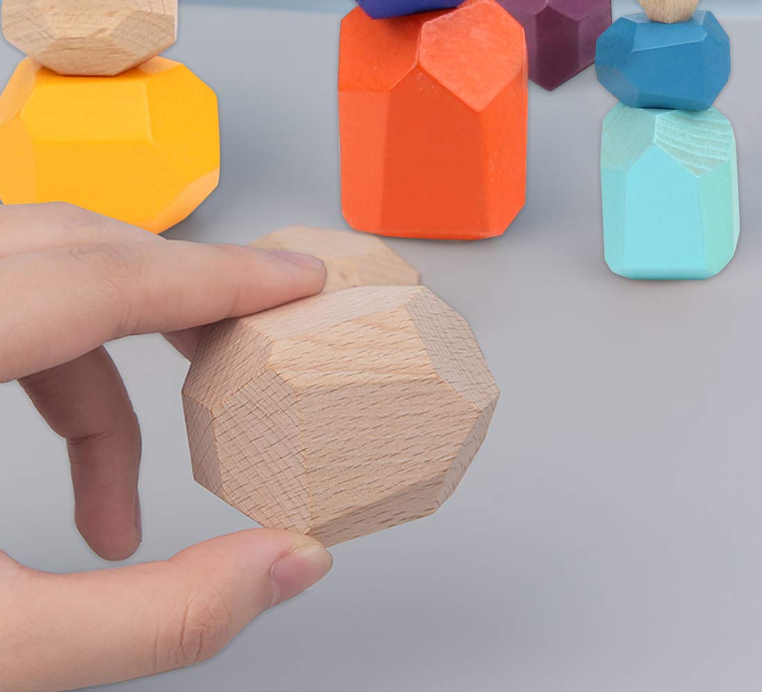 LSJDEER 40 PCS Wooden Rocks Balance Stones Building Blocks Set, Colored Wood Balancing Stone Stacking Game, Lightweight Natural Educational Preschool Learning Large Small Puzzle Toy for Kids