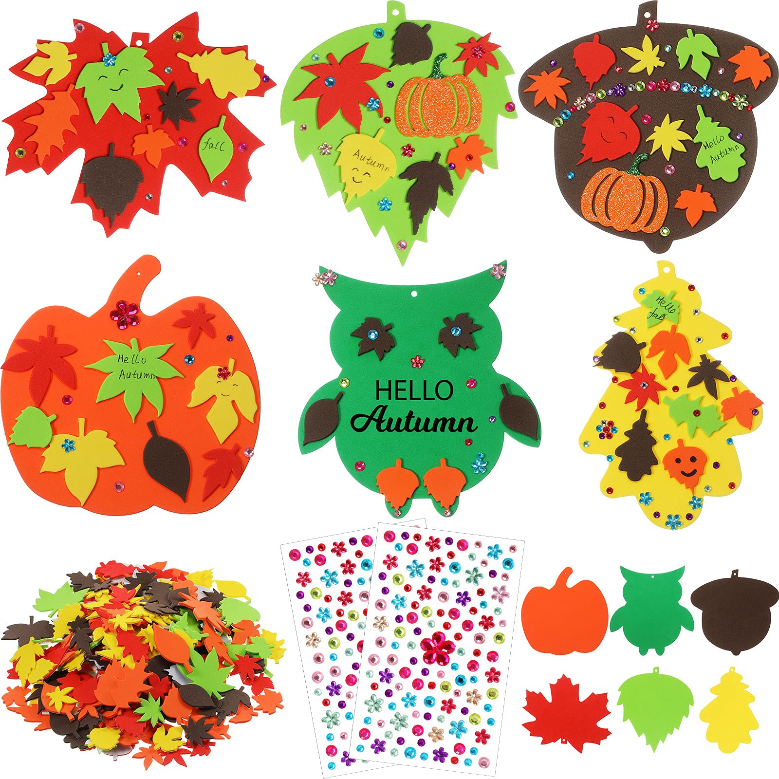 Halloween Foam Pumpkin Craft Kit Decoration Autumn Foam Sticker Set Large Maple Leaf Gem Sticker Self-Adhesive Fall Sticker Craft Kit for Boy Girl Thanksgiving Halloween Party Supplies (18)