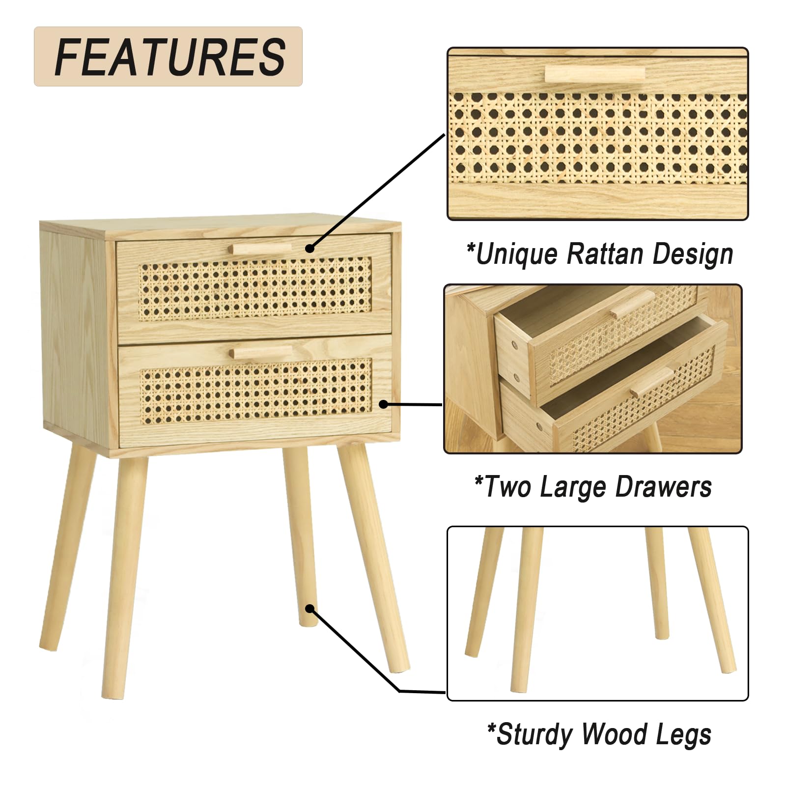 AWASEN Rattan NightStand Set 2, Nightstand Set of 2 with Drawers, Bedside Table with Storage and Solid Wood legs, Rattan Side Table End Table for Bedroom (Natural)