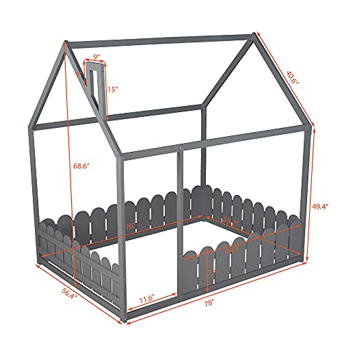 Merax Kids Bed House Shaped, Low Beds for Toddlers, Wood Platform Bed Frame for Children, Box Spring Needed,Easy Assemble (Full,Gray
