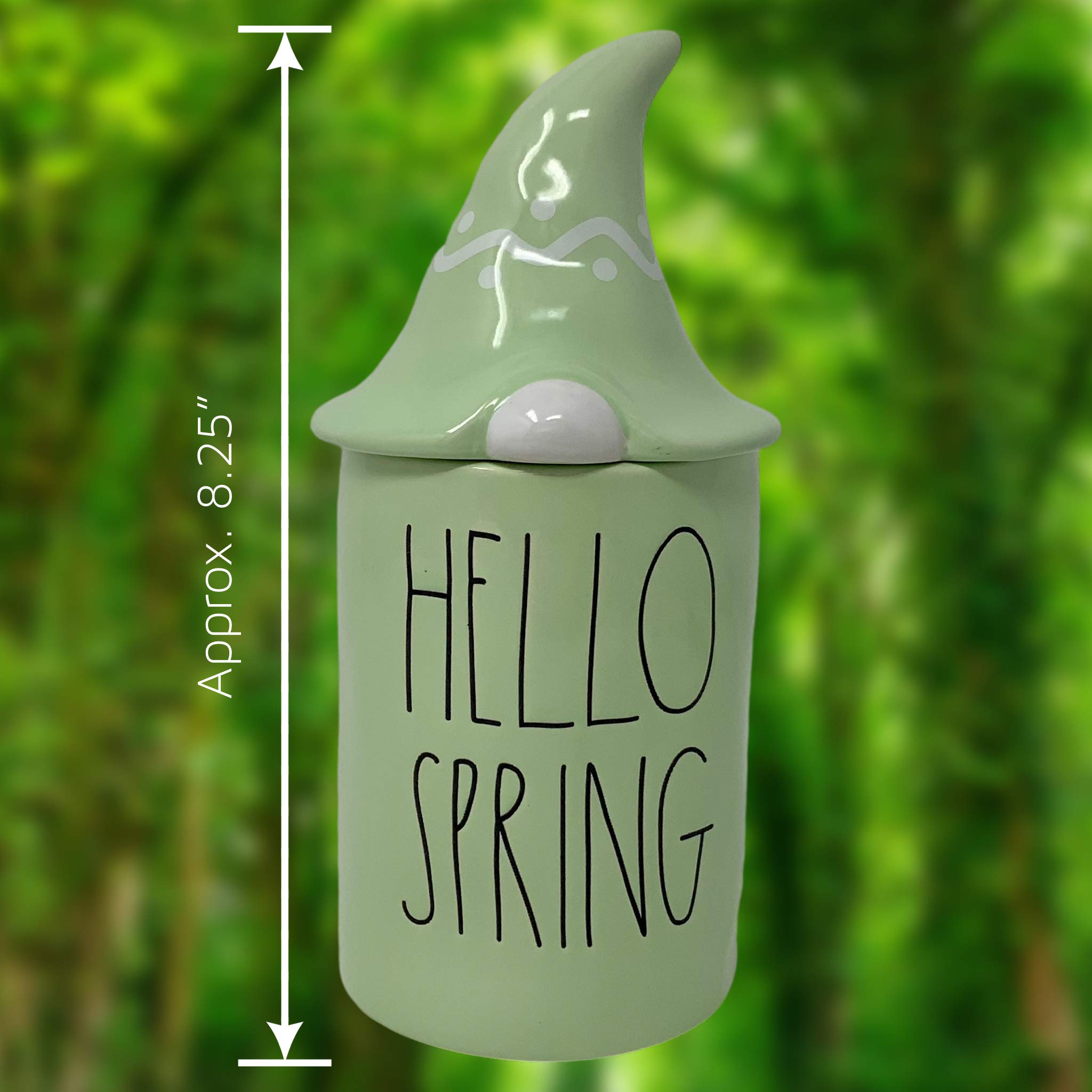 RAE Dunn Green Garden Mint Scented Candle "Hello Spring" Spelled with Rae Dunn Style Using LL Font - Super Cute Gnome Hat Lid - Add This Candle to Your Rae Dunn Collection and Home Kitchen Décor