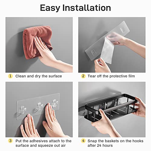 Midphorn 2-Pack Adhesive Shower Caddy, No Drilling Shower Shelf with Hooks Rustproof Wall Mounted Shower Organizer for Inside Shower Bathroom Storage Shampoo Holder, Matte Black