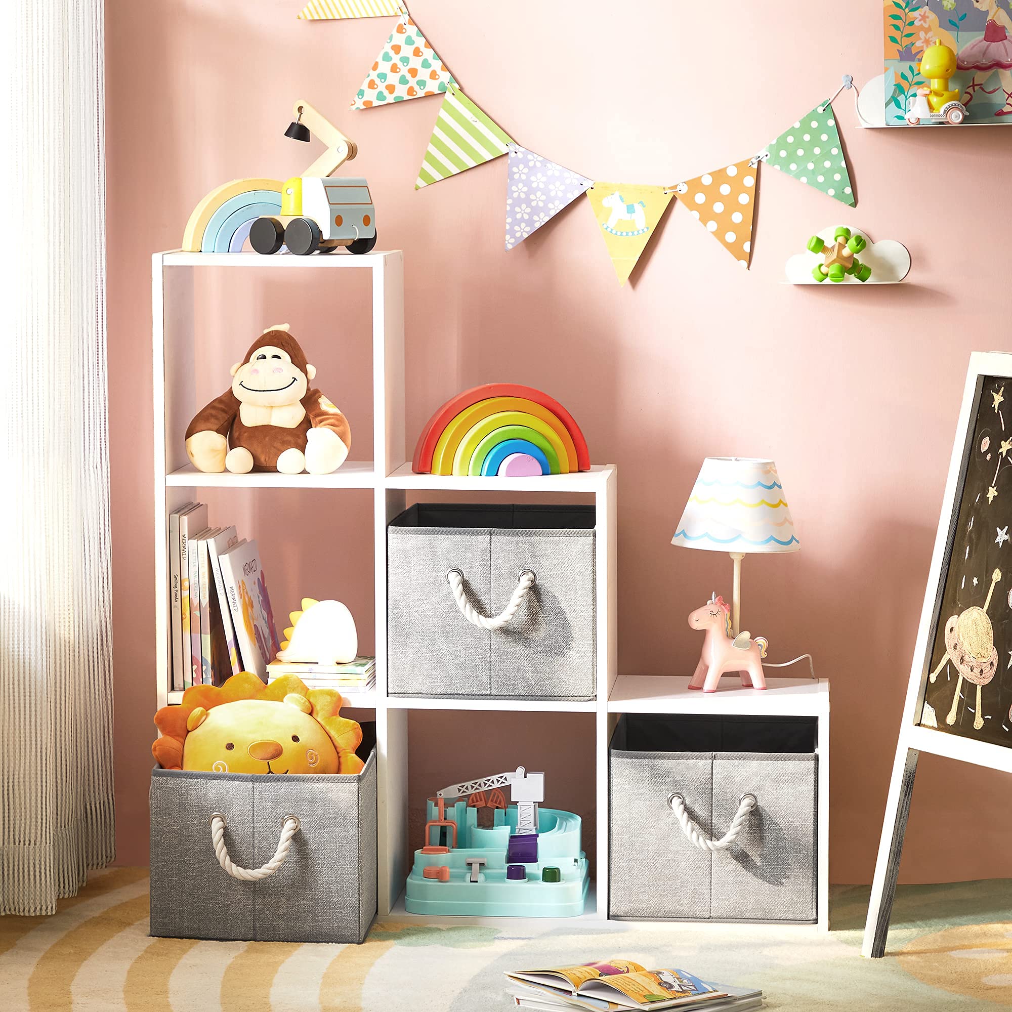 SONGMICS Fabric Storage Boxes, Set of 3 Storage Cubes, Foldable Baskets with Handles, 15.7 x 11.8 x 9.8 Inches, Toy Storage, Linen Pattern, Gray URFB013G01