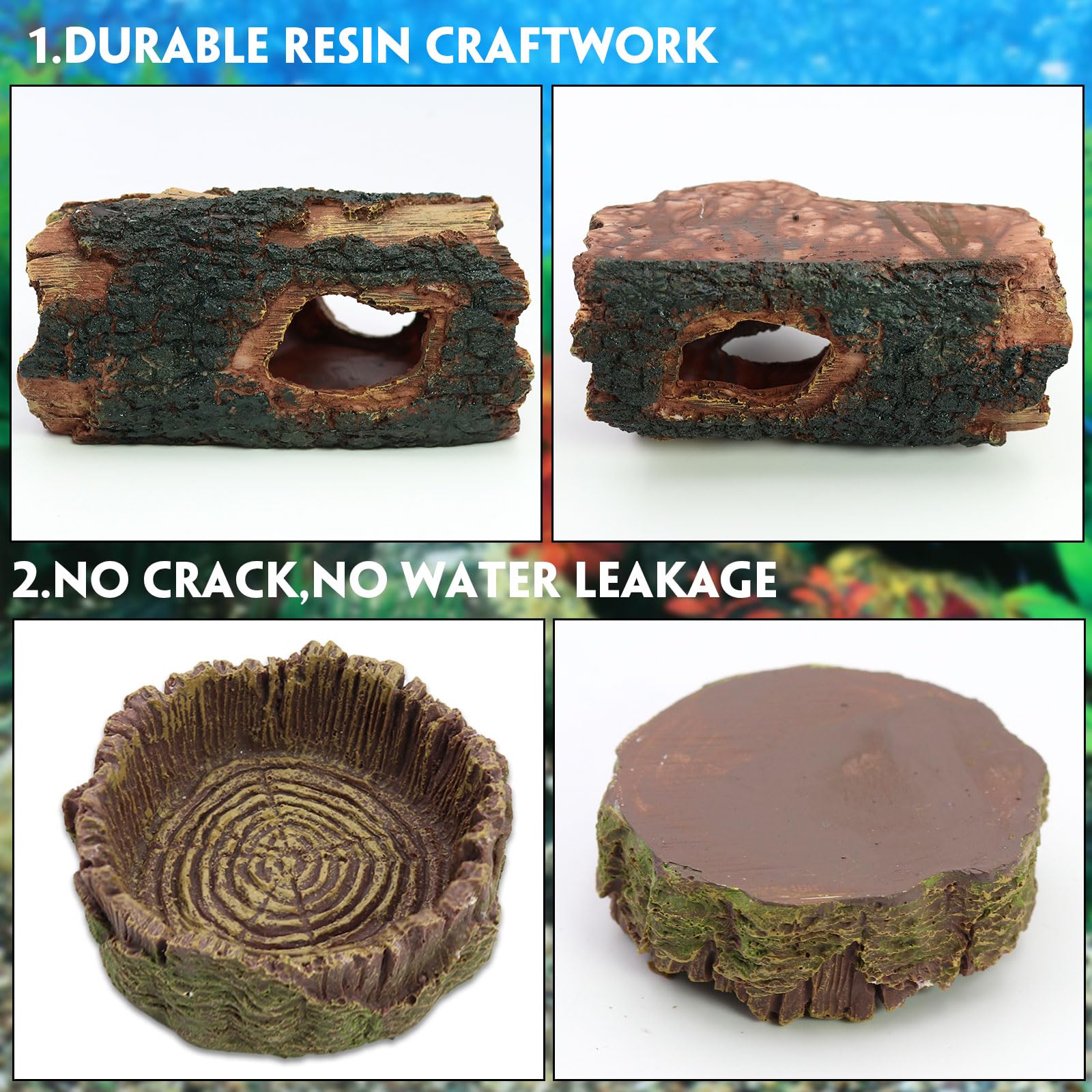 Dexspoeny 3Pcs Reptile Hide Cave Small Lizard Reptile Food&Water Bearded Dragon Bowls Accessories,Natural Resin Hollow Tree Trunk Hideout,Hermit Crab Supplies Trunk Snake Gecko Frogs Fish Tanks Decor
