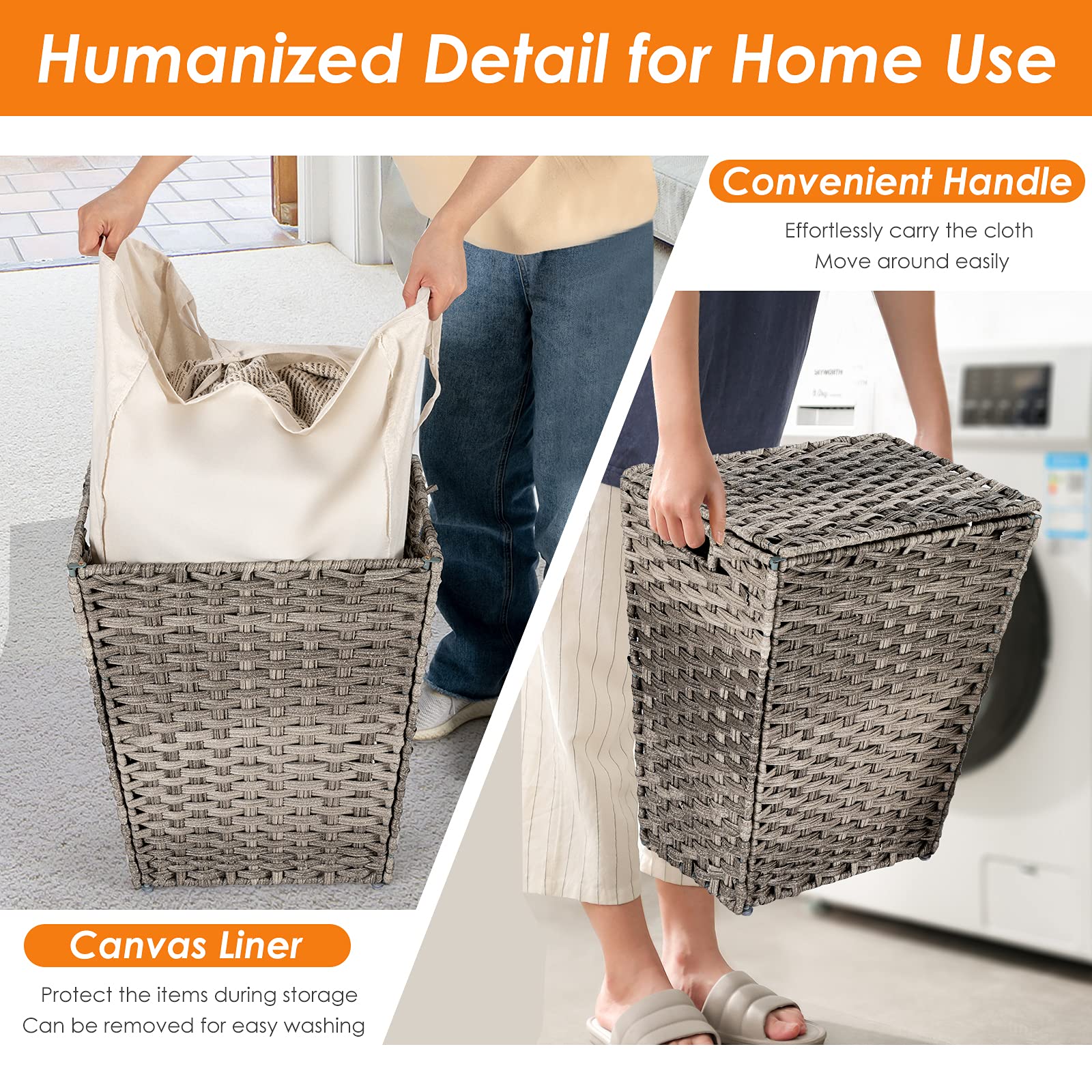 Giantex Laundry Hamper with Lid, Foldable Laundry Basket w/Removable Liner Bag, Handwoven Rattan Clothes Hamper w/Handles Anti-skid Pads for Living Room Laundry (Gray)