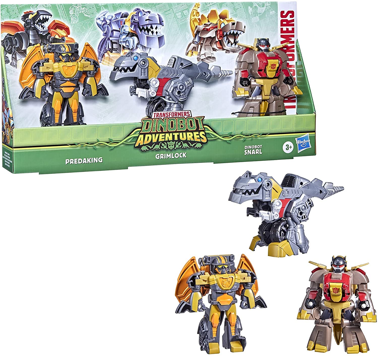 Transformers Dinobot Adventures Dino Squad Grimlock, Dinobot Snarl, and Predaking 3-Pack Converting Action Figures Bundle with 2 My Outlet Mall Stickers