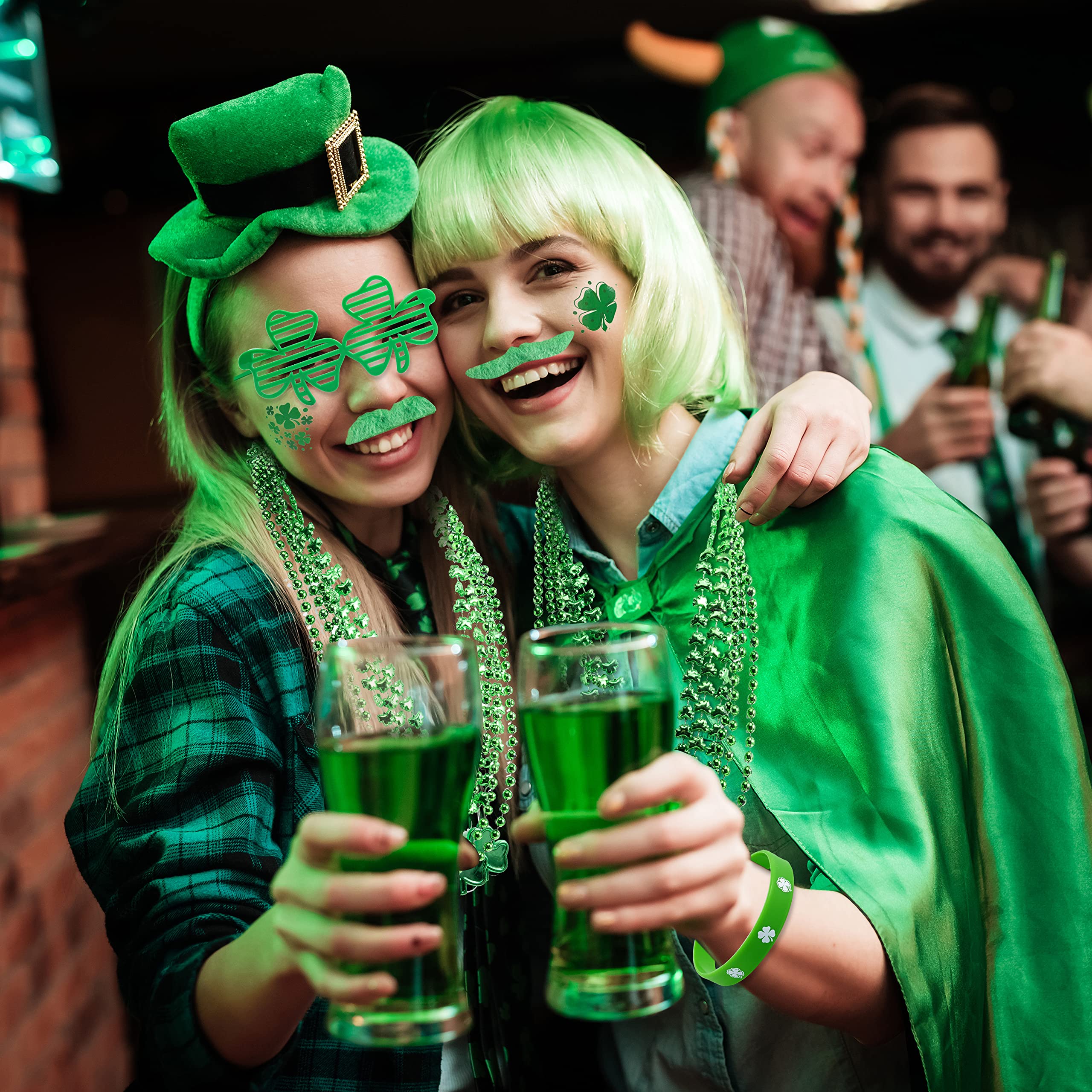 JOYIN 156 Pcs St. Patrick's Day Party Favor Set, 6 Necklaces 6 Eyeglasses 12 Bracelets 72 Temporary Tattoos 12 PCS Mustache 48 Plastic Coins St Patricks Day Accessories