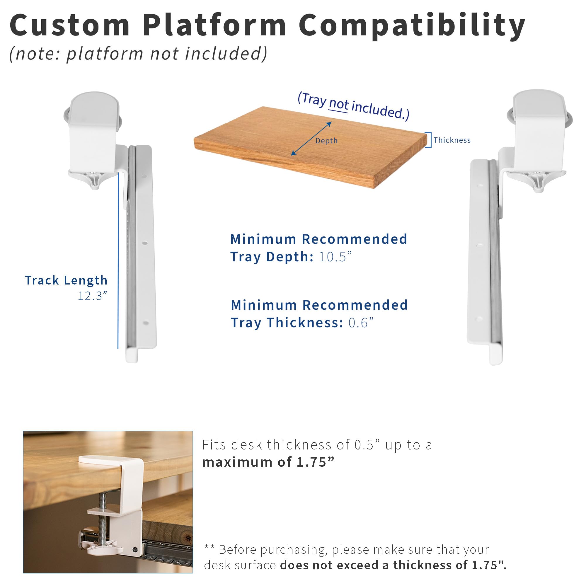 VIVO Clamp and 12 inch Rail Set for DIY Custom Wooden Keyboard Trays (Tray Not Included), Under Desk Pull Out Slider Track with Extra Sturdy C-clamp Mount System, White, MOUNT-RAIL02W