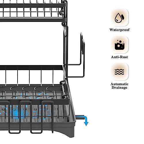 Iwaiting Outdoor Dish Drying Rack, 2 Tier Dish Dryer Rack for More Space Saving, Large Dish Rack with Sink Drainer, Durable Metal Dishrack Set, Dish Racks for Kitchen Counter Black