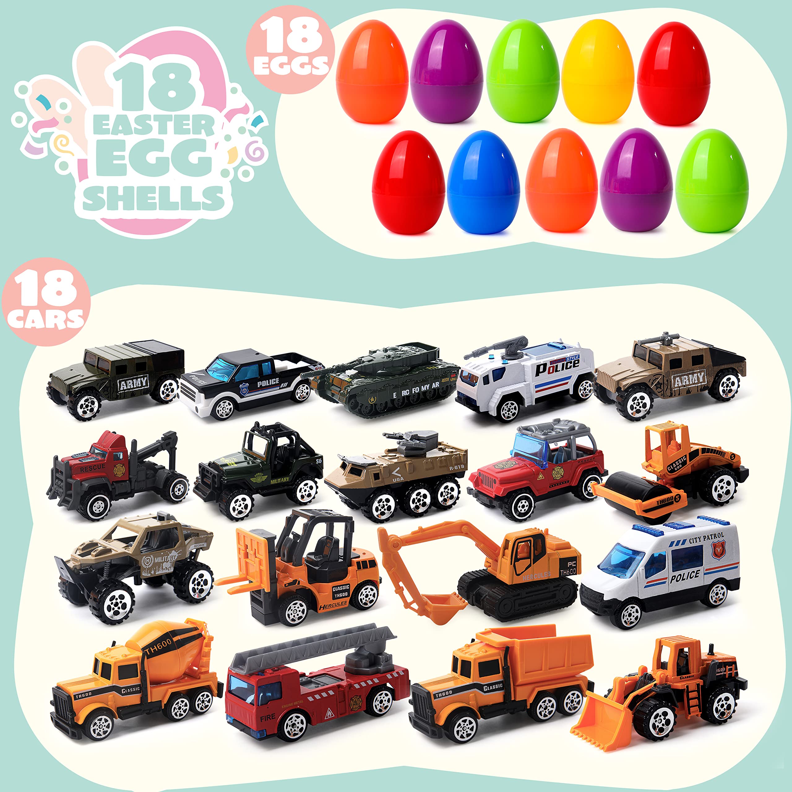 JOYIN 18 Pcs Jumbo Easter Eggs Filled with Die-cast Vehicles, Pull Back City Cars and Trucks Toy Prefilled Egg for Kids Basket Easter Stuffers, Party Favors and Easter Eggs Hunt