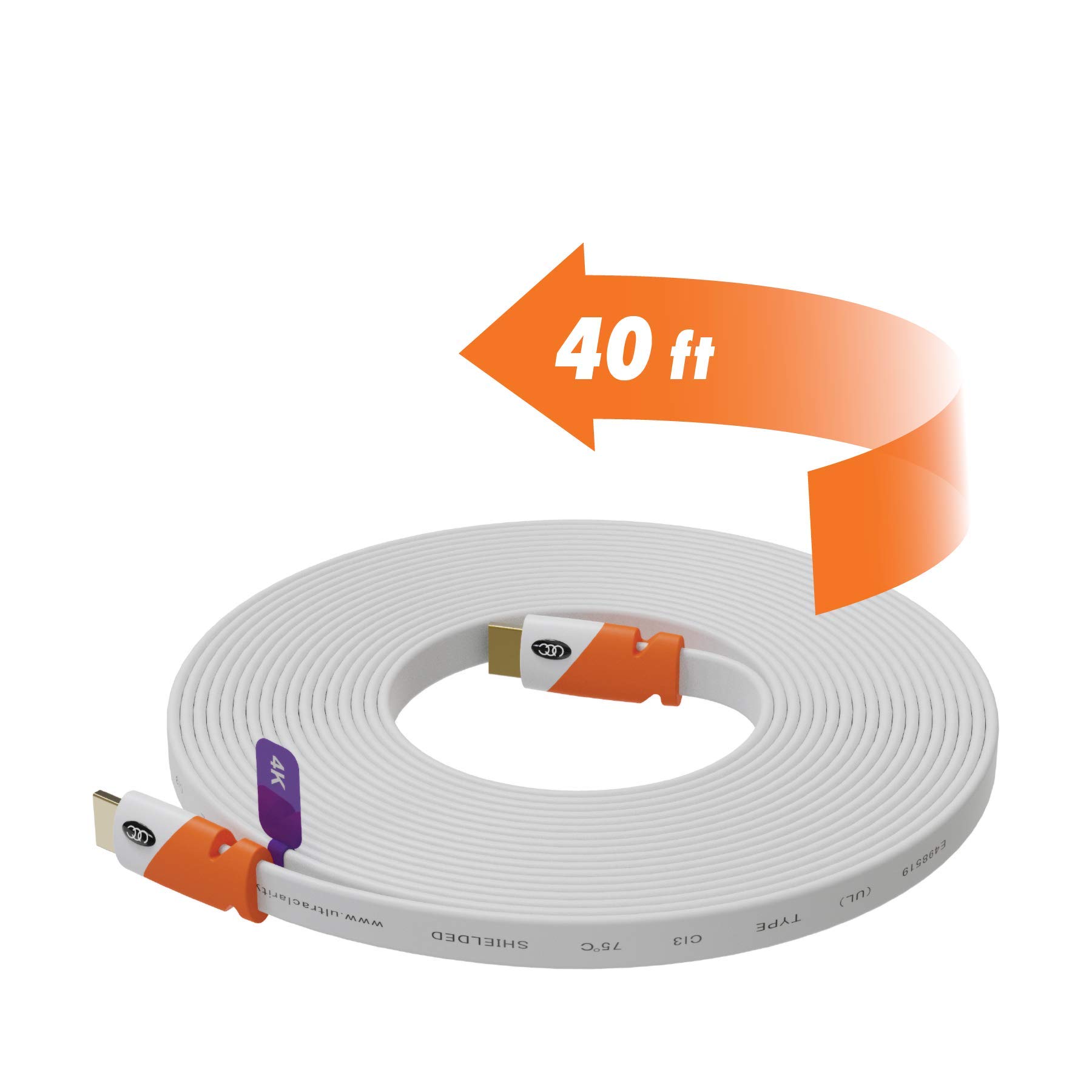 Flat Cable HDMI - 2.0 - High Speed HDMI Flat Wire, by Ultra Clarity - CL3 Rated - Audio Return Channel (ARC) 4K Ultra HD 2160p / Bandwidth up to 18Gbps / 3D HD 2 X 1080p Ready (40 feet 1-Pack)