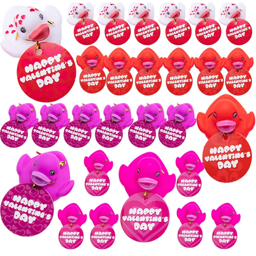 JOYIN 28 Pack Valentine’s Day Gift Cards with Gift Mini Rubber Duck Bath Toys for Classroom Exchange Prizes, Valentine Party Favors Toys