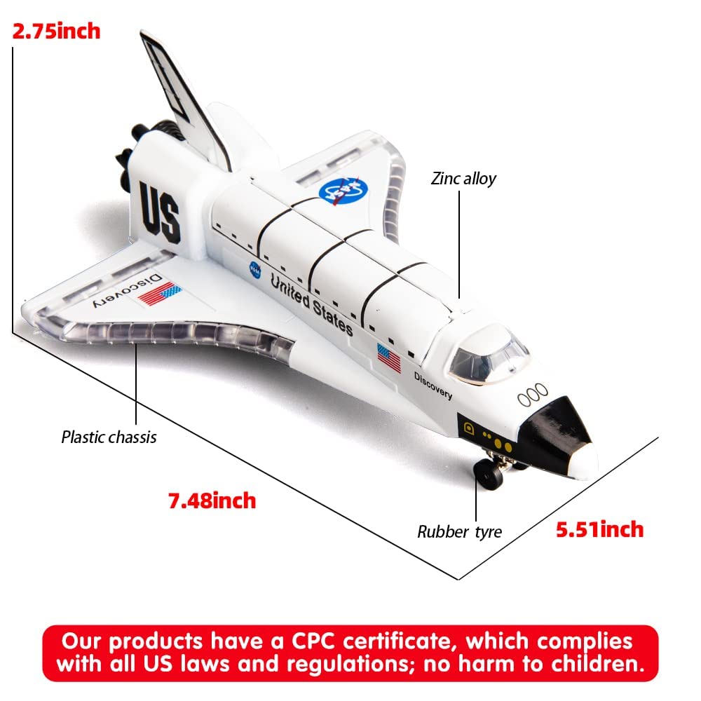 TGRCM-CZ 8'' Space Shuttle,US Discovery Airplane Toys, Alloy Pull Back Aircraft Model with Base LED Light and Sound, Display Plane for Boys Girls Adults Outdoor Games and Decoration, White