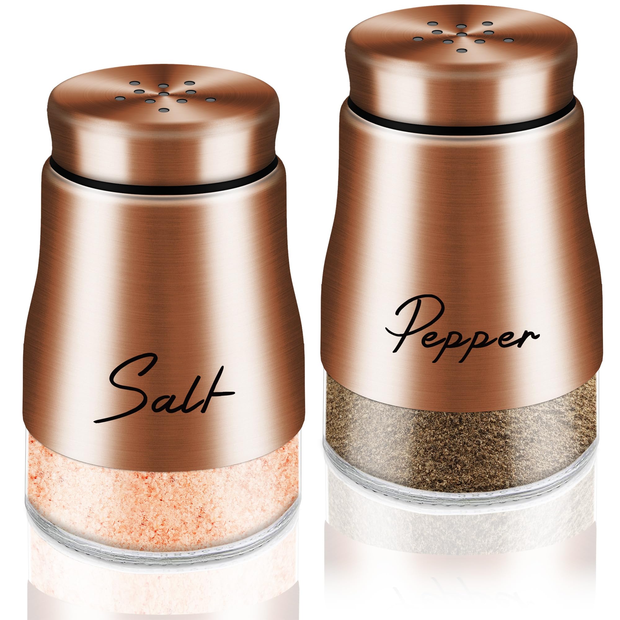 Copper Salt and Pepper Shakers Set, 5 oz Glass Bottom Salt Shaker with Stainless Steel Lid Modern Farmhouse Kitchen Decor and Accessories for Restaurant, Wedding, Housewarming Gifts (Copper)