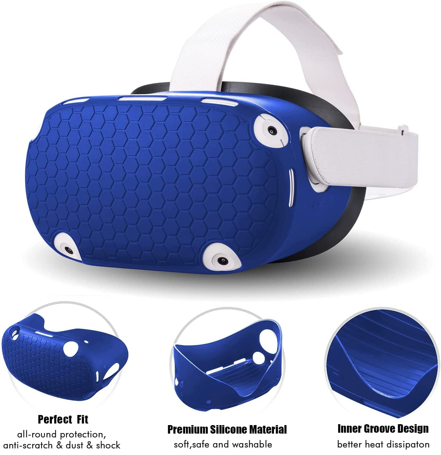Compatible with Oculus Quest 2 Accessories | Lengthening Controller Grip Cover with Battery Opening | VR Shell Cover | Silicone face Cover | Protective Lens Cover (Blue)