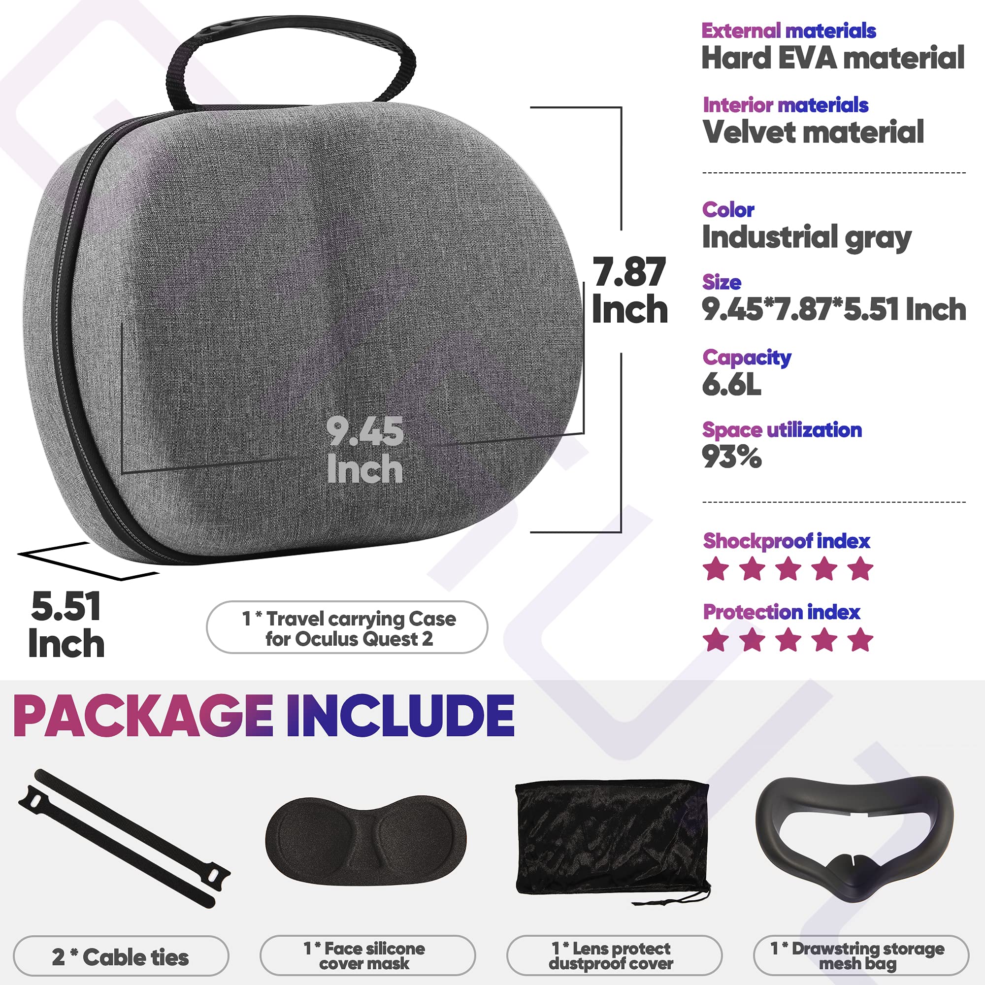 Travel Case for Oculus Quest 2, Gmquiz VR Case Compatible with Oculus Quest 2 Carrying Case, with Silicone Face Cover & Lens Protector, Gray.