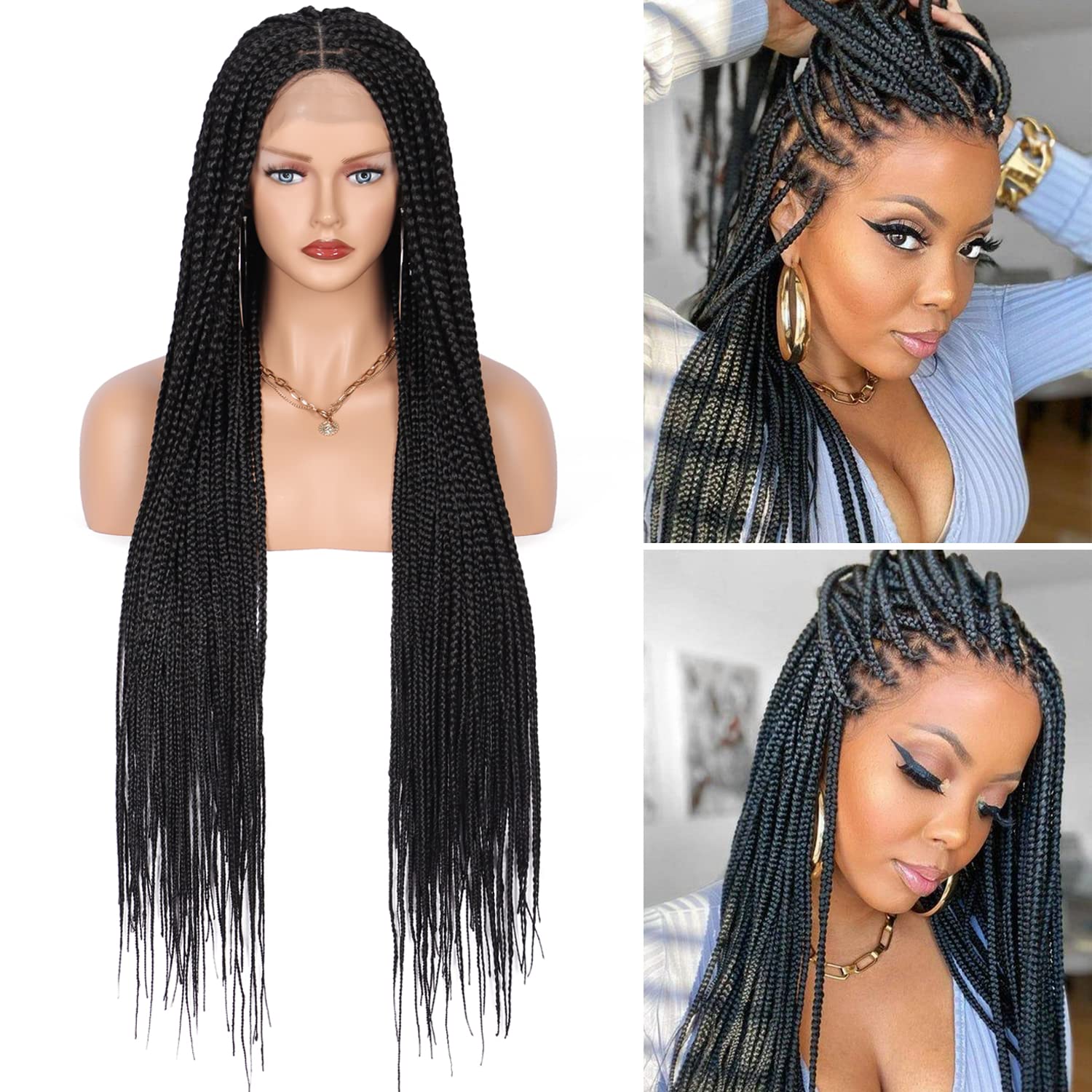 Fecihor 36" Knotless Braided Wigs Lace Front Box Braids Lace Frontal Wig for Women Human Hair Blended Black Hand Full double lace Braid Wig With Baby Hair
