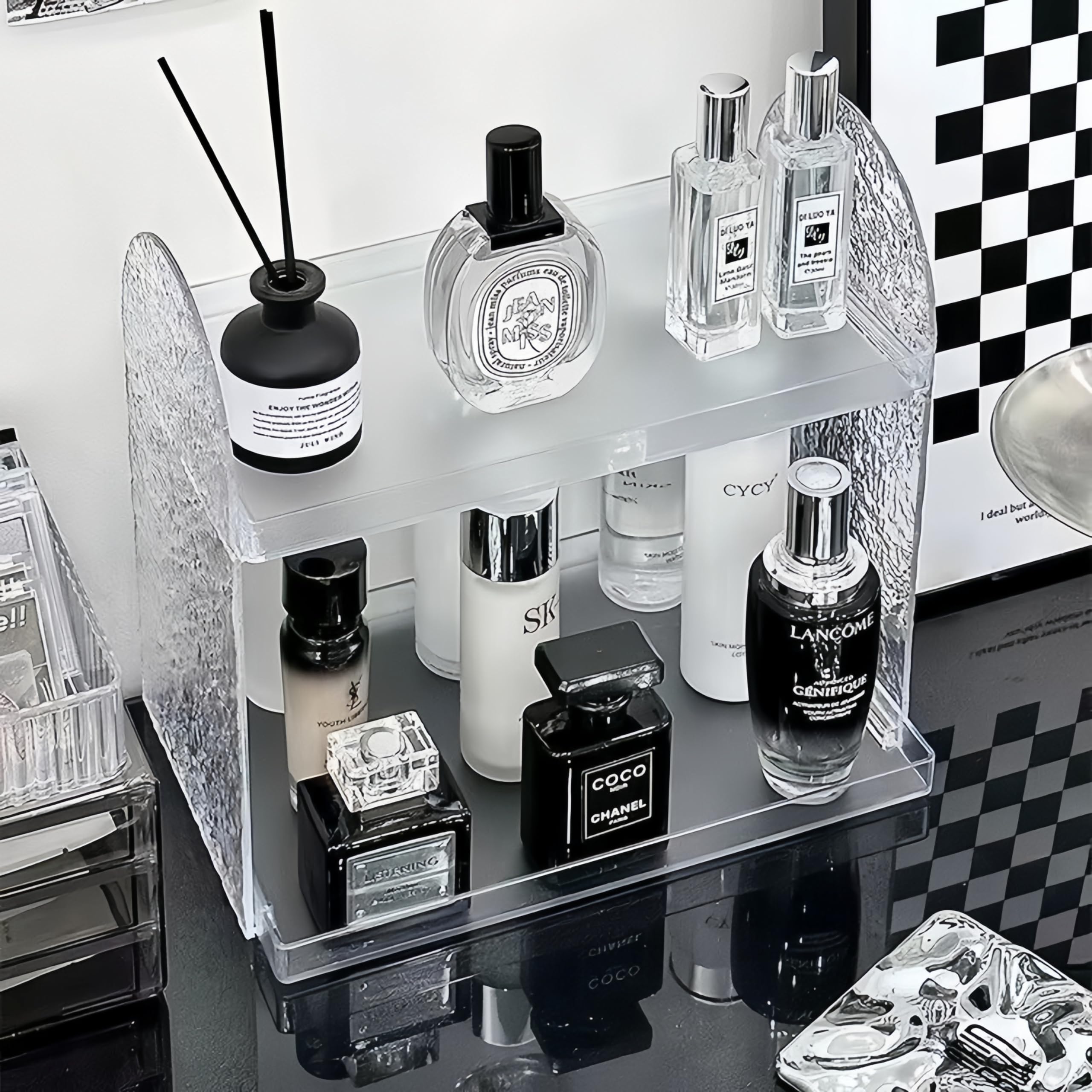 Elivida Perfume Organizer 2 Tier Makeup Organizer Acrylic Bathroom Counter Organizer Vanity Skincare Storage Shelf Modern Cosmetics Holder Shelf, Clear White