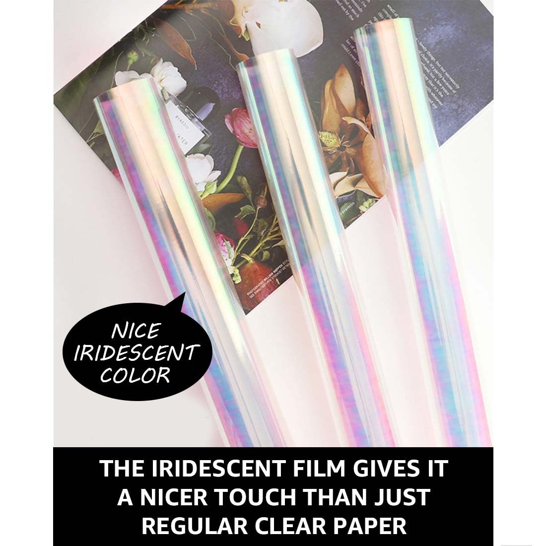 BetterJonny 32in x 50ft Iridescent Cellophane Wrap Roll, Rainbow Cellophane Roll for Gift Baskets Flower Wrapping Paper Holographic Cellophane for Gift Baskets, Crafts, Candy, Gifts, Flowers