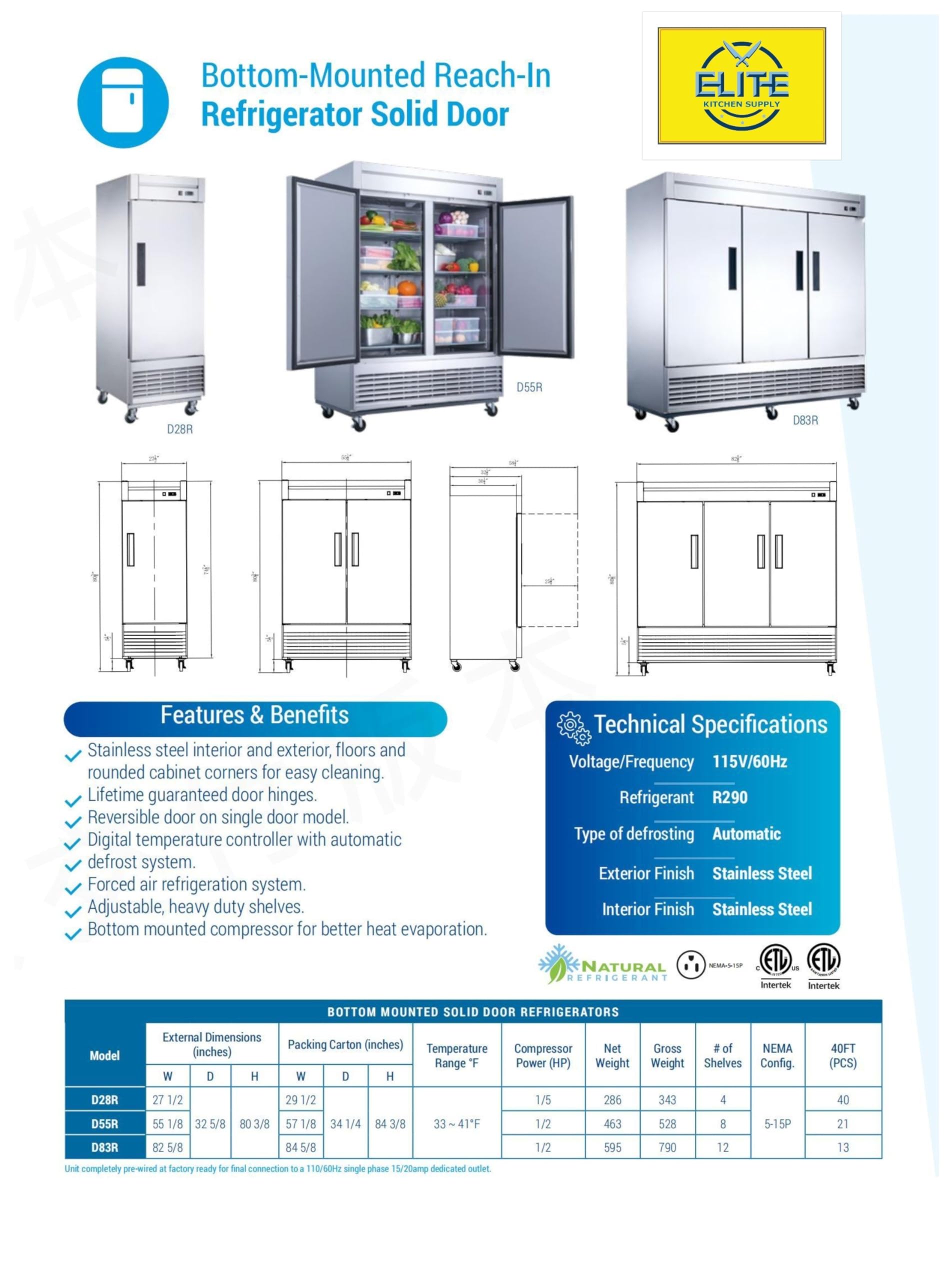 Elite Kitchen Supply Commercial Reach In Refrigerator, ETL NSF 3 Door Fridge Cooler Merchandiser, 83" W 64 cu.ft. Stainless Steel Interior