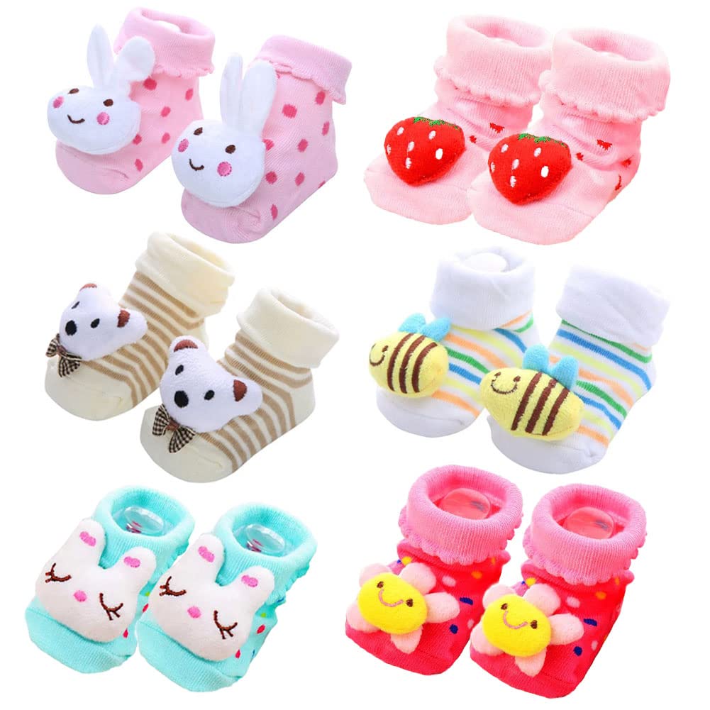 FedMois 6 pairs Baby 3D Cartoon Anti-Skid Booties Socks Slippers Shoes, girls, 0-9 Months
