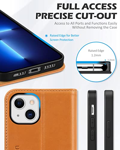 SHIELDON Case for iPhone 13 5G, Genuine Leather Durable Flip Wallet Kickstand RFID Blocking Credit Card Holder Magnetic Shockproof Protective Case Compatible with iPhone 13 (6.1" 2021 Release) - Brown