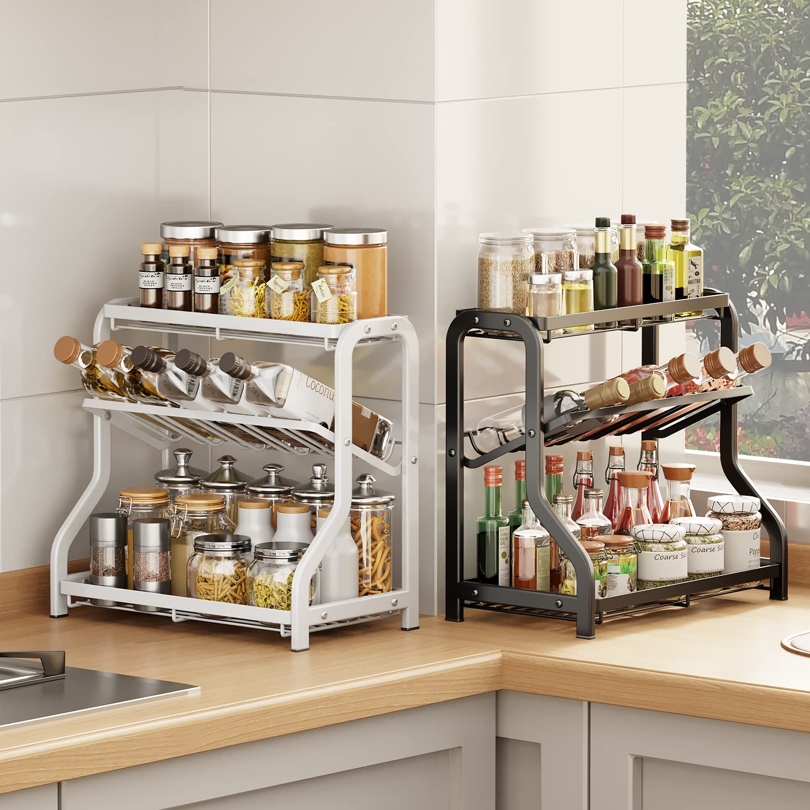Cabinet Storage Shelf Organizer Rack, Heavy Duty Cupboard Stand Spice Rack Adjustable Height Pantry Garage Shelf Space Riser for Counter Kitchen and Bathroom Organization