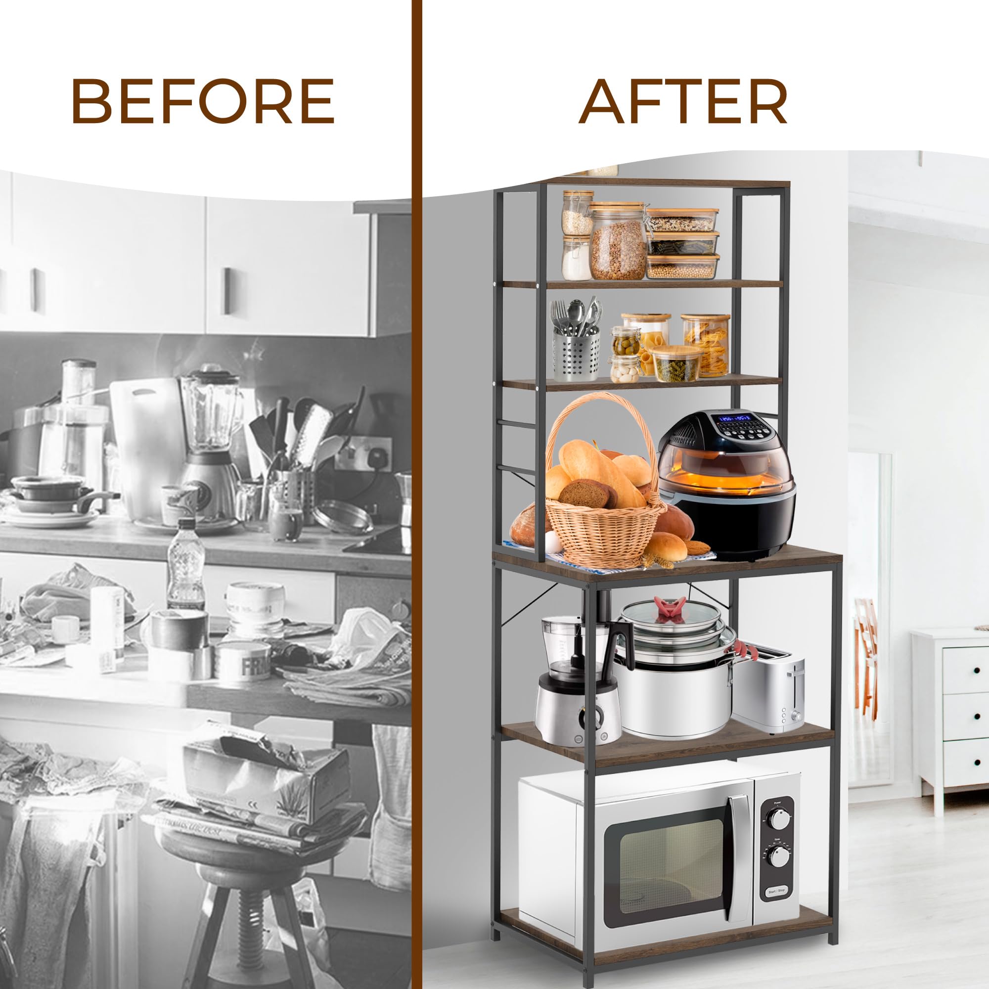 Elixo Bakers Rack with Power Outlet, coffee bar cabinet with 6 S hooks, 6-Tiers small appliances and microwave stand with storage for small apartments with motion sensor lights, Black