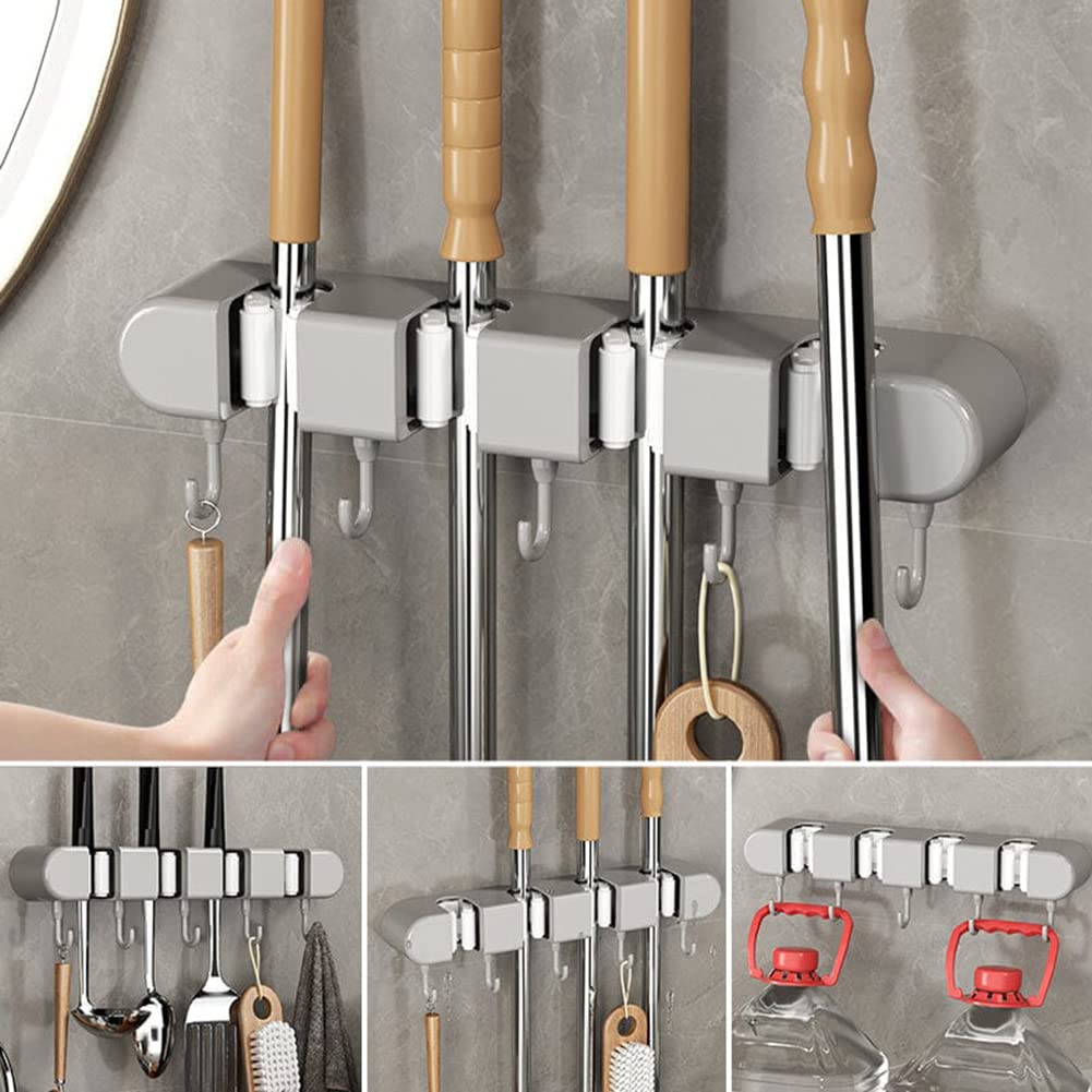 VALINK Brooms and Mop Holder Wall Mounted, Brooms Hanger for Home Garden Garage and Storage (4 Racks with 5 Hooks) White