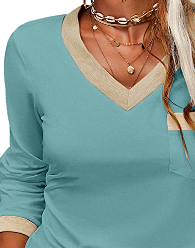 Dyexces Womens Long Sleeve T Shirts Casual V Neck Color Block Tunic Tops Loose Basic Top Lake Green